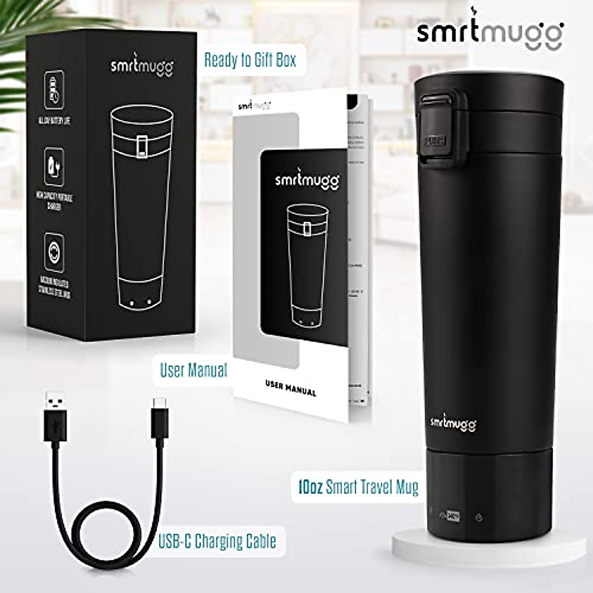 SMRTMUGG Heated Coffee Mug, All Day Battery Life, Battery Powered Travel Mug, Smart Mug, Great for Coffee and Tea, Fast Heating Technology, Portable Charger (Black 10 oz.)
