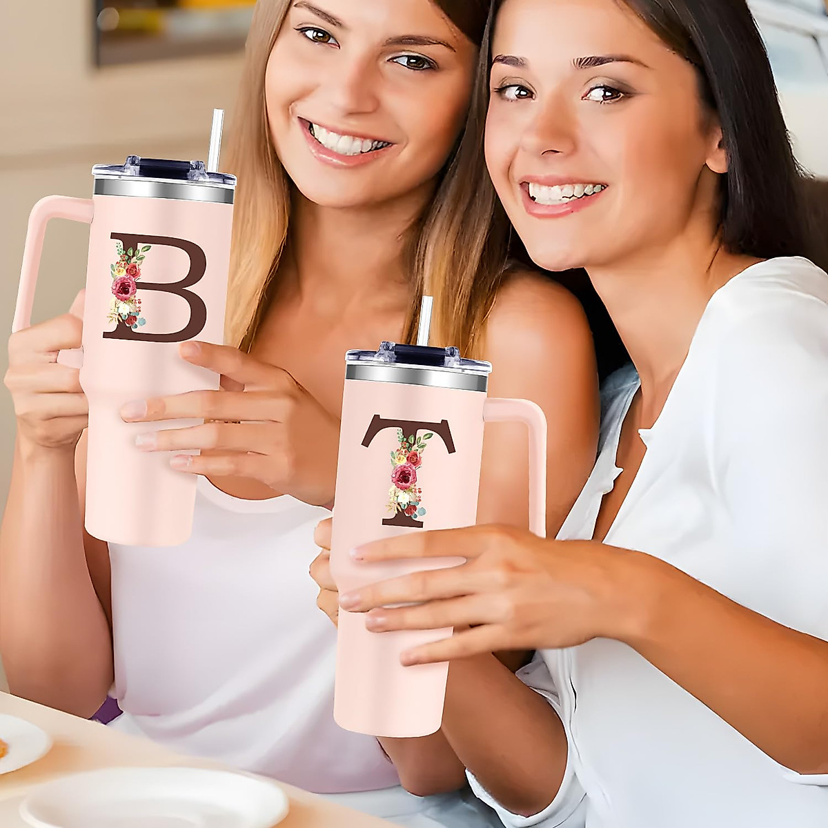 Gooddooes Monogrammed 40oz Tumbler with Handle for Women, Personalized Birthday Gifts for Women,Initial Cups for Women Floral Letter T,Customized Gifts for Women Lady Gift for Mothers Day Christmas