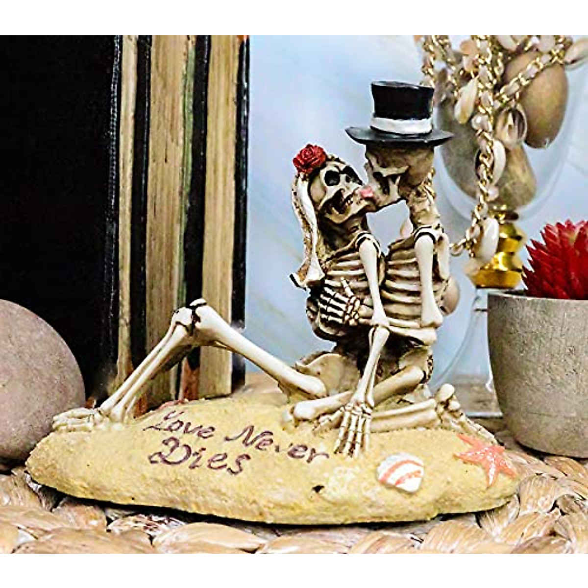 Ebros Love Never Dies Shipwrecked Castaway Wedding Skeleton Hot Couple Making Out by The Beach Statue 5.25" Long Day of The Dead Decorative Valentine Skeleton Lovers Kissing Figurine