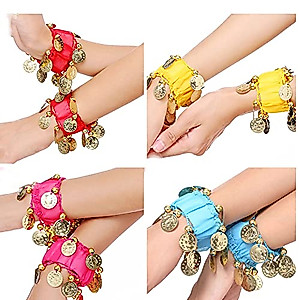 NUANNUAN 10 Pairs Belly Dance Wrist Cuff Ankle Chiffon Bracelet Band with Coin, Stretchy Belly Dance Bracelets Bangle Gypsy Jewelry Costume Accessory for Women Girl Halloween Drama Actors