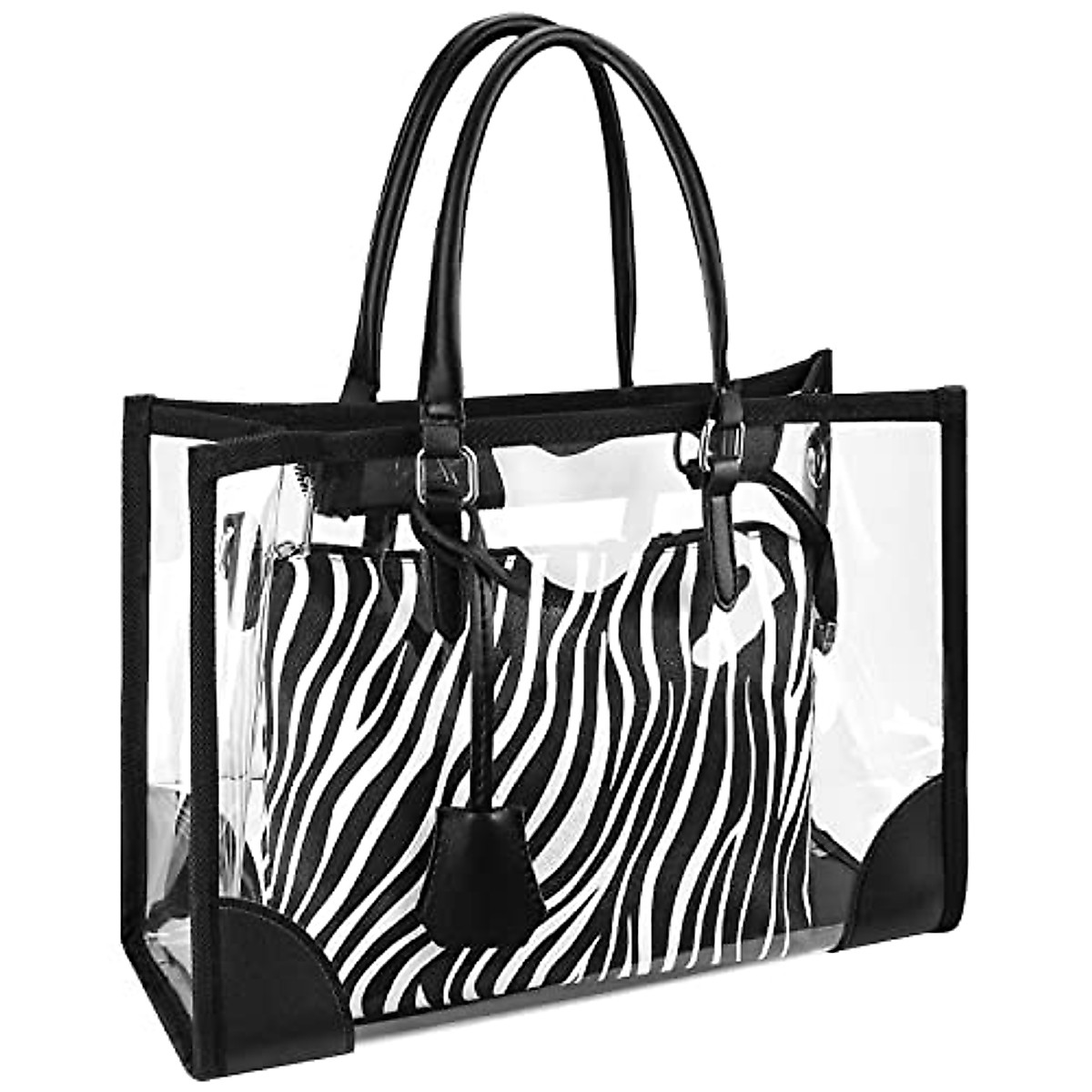 Large Clear Tote Bag for Woman, PVC & Vegan Leather Top Handle Shoulder Crossbody Bag, Transparent Stadium Approved Satchel Handbags