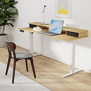 63 Inch Electric Standing Desk with Double Drawers, Adjustable Height Stand Up Desk, Sit Stand Home Office Desk with Monitor Stand, Computer Workstation with Storage Shelf, Natural New