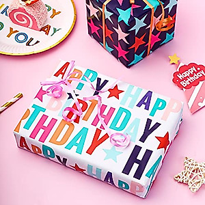 LeZakaa Reversible Birthday Wrapping Paper Roll - Happy Birthday Lettering & Star - 17 inches x 32.8 Feet (46.45 sq.ft.)