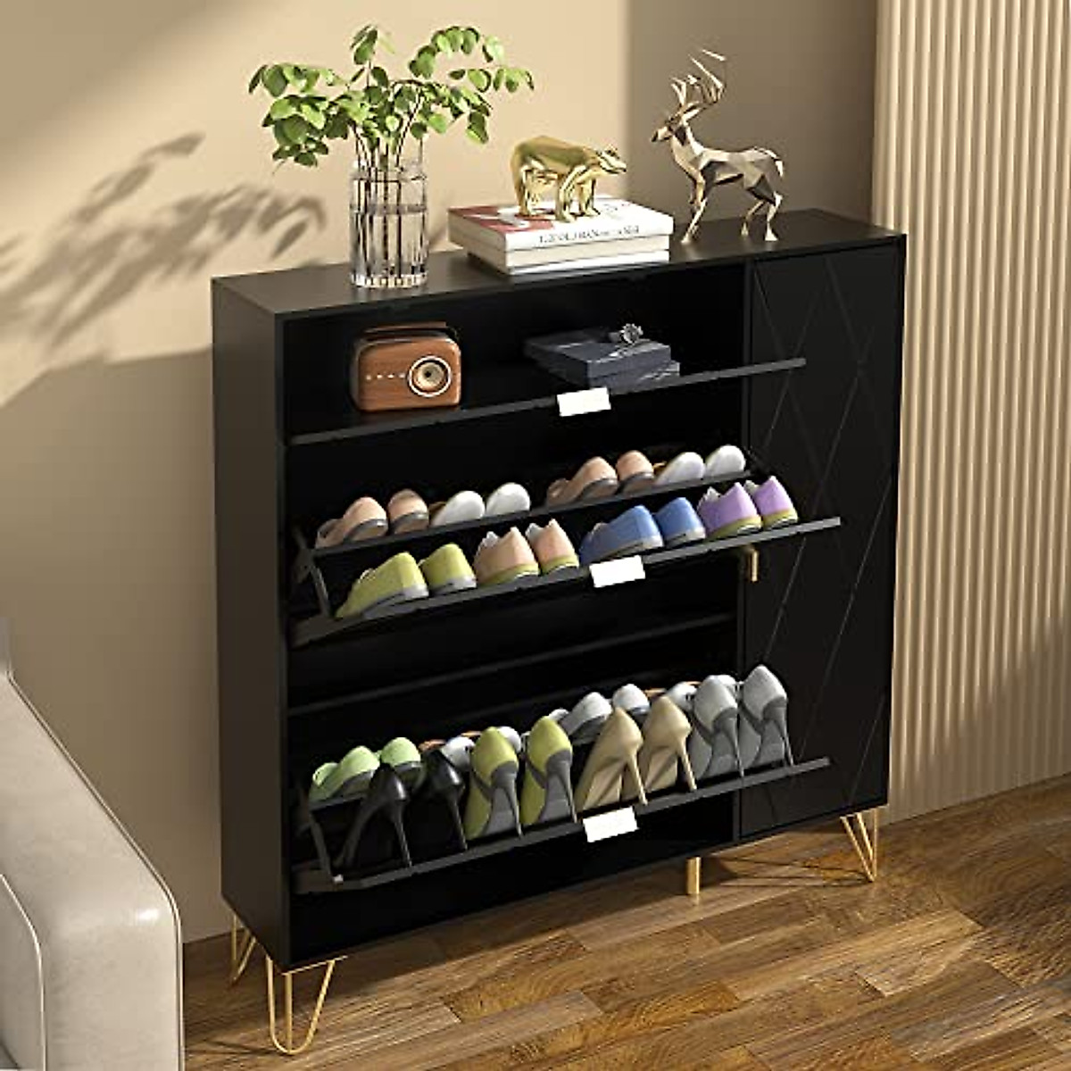 ANBUY Shoe Cabinet, Free Standing Tipping Bucket Shoes Cabinets, Shoes Storage Cabinet with 3 Flip Drawers and Storage Shelves, Narrow Shoe Rack Cabinet for Entryway, Modern Shoes Organizer