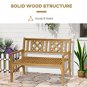 Outsunny 4FT Wooden Outdoor Garden Bench for 2, Portable Folding Loveseat 2-Seater Chair with Backrest, Armrests and Slat Seat, Natural