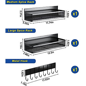 Miyawell Magnetic Spice Rack for Refrigerator, 3 Pack Magnetic Shelf, Fridge Organizer Shelves for Kitchen Organization and Storage, Moveable Space Saver Seasoning Racks with 8 Hooks, Metal&Black