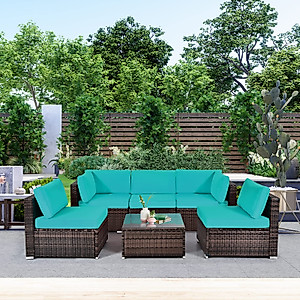 HAPPYGRILL 6 Pieces Outdoor Patio Furniture Set, PE Rattan Conversation Set with Tempered Glass Coffee Table and Cozy Cushions, Weather Resistant Sectional Sofa Set, Turquoise