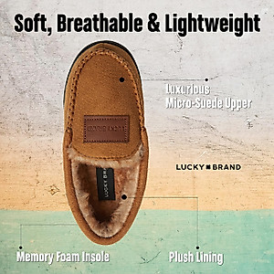 Lucky Brand Boy's Micro Suede Fuzzy Lined Moccasin Slippers for Kids, Tan, Size 2/3