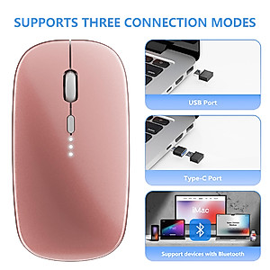 ShuGuoTu Wireless Mouse, 2.4G Slim Mute Silent Click Noiseless Optical Mouse with USB Receiver and Type C Adapter Compatible with Notebook, PC, Laptop, Computer, MacBook (Rose Gold)