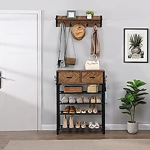 Pvillez 4-Tier Shoe Rack, Entryway Coat Rack Shoe Storage Organizer for Front Door, Entry Table Shoe Hat Racks Shelf Organization Hanger, with Hooks Drawers Entrance Hallway Furniture