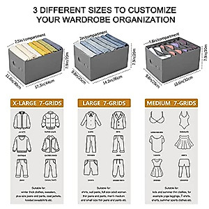 Wardrobe Clothes Organizer, 2 Pack Durable 7 Grids Clothes Organizer for Folded Clothes, Washable Closet Drawer Storage Organizer for Large Bra, Clothes, Pants, Jeans, T-Shirt, Medium, Drak Grey