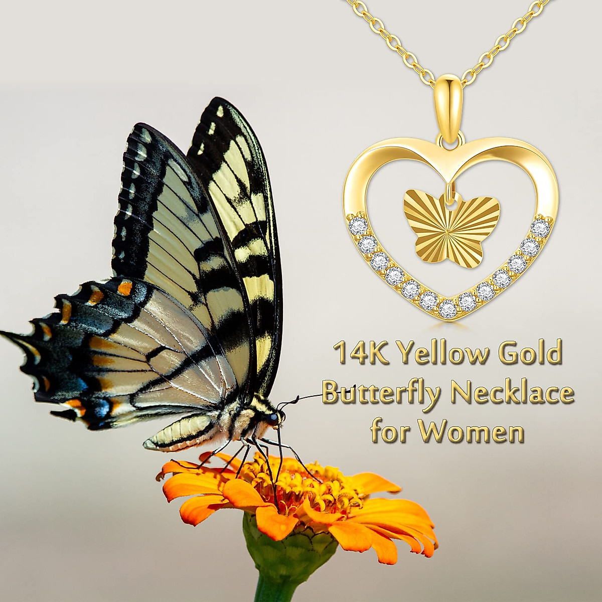 SISGEM 14K Real Gold Heart Necklace for Women,Yellow Gold Diamond-Cut Butterfly In Heart Pendant Necklaces with Moissanite,Anniversary Birthday Gifts for Lover Wife Grandma,16''-18''