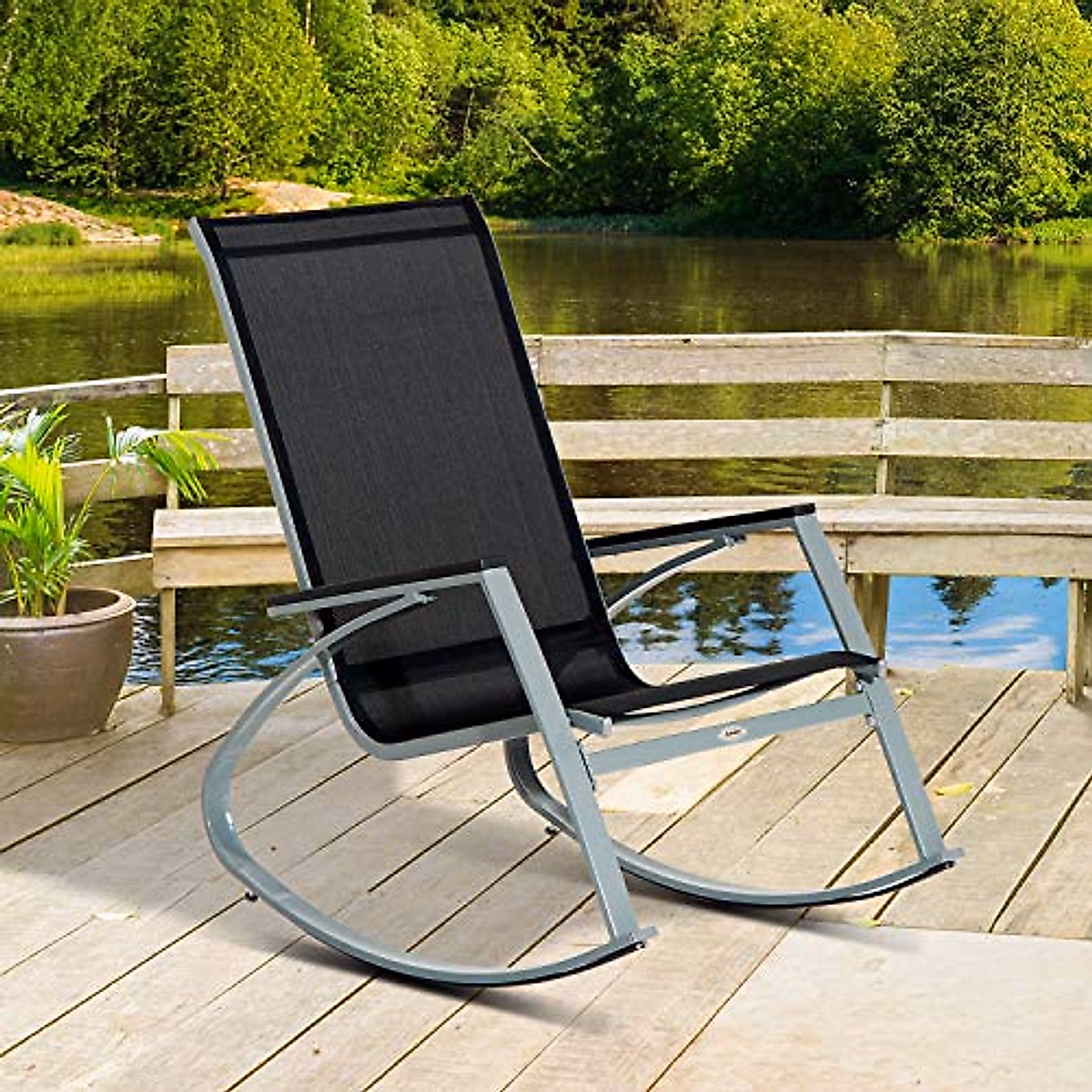 Outsunny Outdoor Modern Front Porch Patio Rocking Sling Chair - Black/Silver