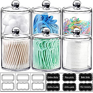 6 Pack of 12 Oz. Qtip Dispenser Apothecary Jars Bathroom with Labels - Qtip Holder Storage Canister Clear Plastic Acrylic Jar for Cotton Ball,Cotton Swab,Cotton Rounds,Floss Picks, Hair Clips (Clear)