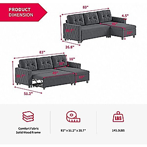 MUZZ Pull Out Sleeper Sofa with Storage, Reversible Pull Out Sofa Couch, L-Shaped Sectional Sofa with Chaise and Pocket, Ideal for Living Room, Apartment and Office (Dark Grey)