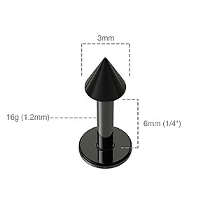 Evonix 4pc 16g Labret Piercing Jewelry Monroe Stud Lip Rings Hypoallergenic Surgical Steel Spike Black 6mm
