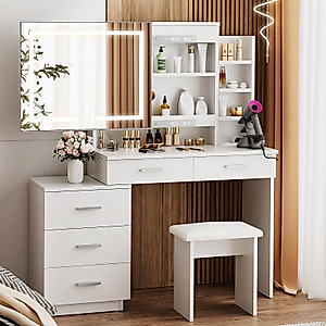 SMOOL 47" Large Vanity with Sliding Lighted Mirror, Makeup Vanity Desk with Power Outlet, 3 Color Lighting Modes Adjustable Brightness, Vanity Table Set with Movable 3-Drawer Chest and Shelves, White