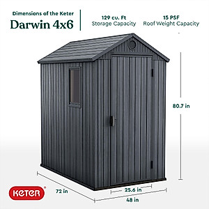 Keter Darwin 4 x 6 Foot Outdoor Garden Tool Storage Shed Backyard Utility Organizer Bundled with 40 Inch Steel Shelving Kit, Graphite Gray
