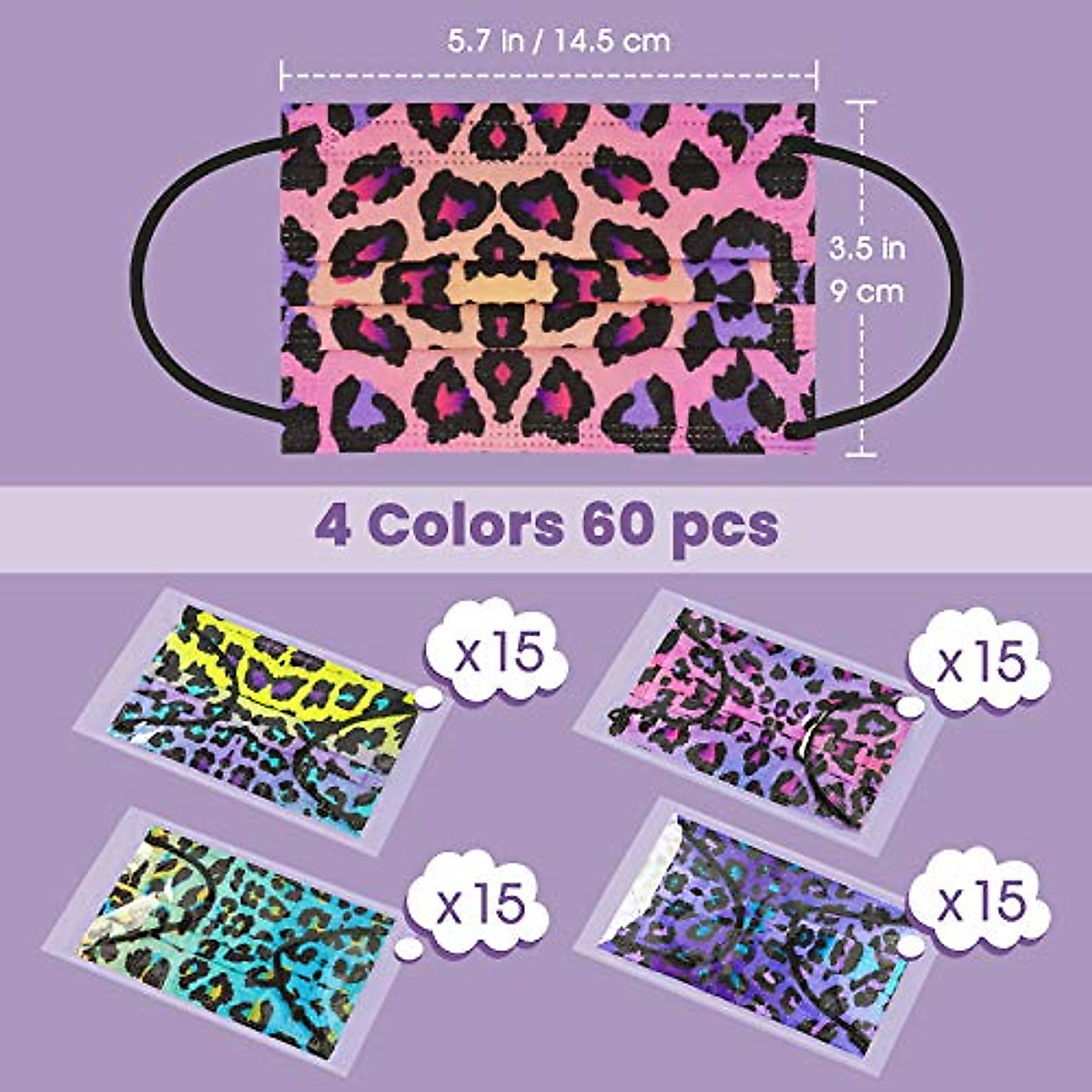Kids' 60-Pack Individually Packaged Disposable Face Masks Leopard Gradient Pattern Ear Loop Hidden Nose Metal Strip Rainbow