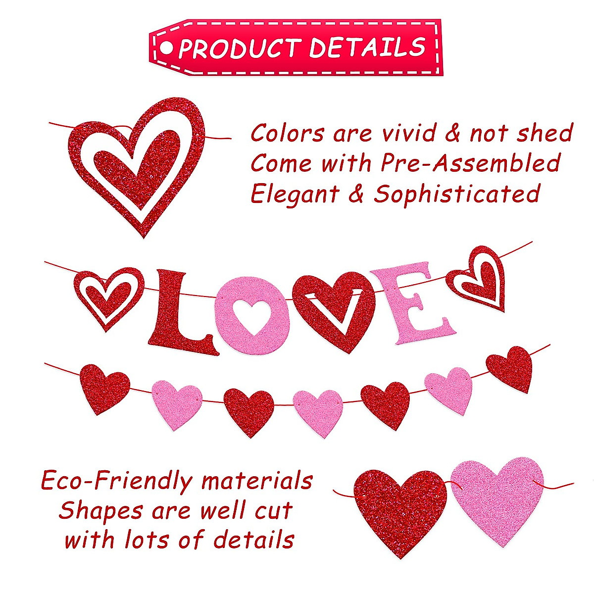 Love Banner for Happy Valentine's Day I Love You Engagement Wedding Anniversary Proposal Courtship Romantic Special Night Heart Party Supplies Pink and Red Glitter Decorations