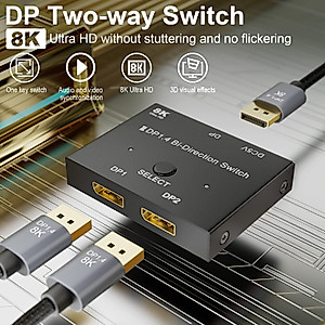 DisplayPort Switch 8K Bidirectional Splitter 2 in 1 Out/1 in 2 Out DP 1.4 Switcher Supports 8K@30Hz, 4K@120Hz, 4K@60Hz for 2 Computers 1 Monitor ConnBull®