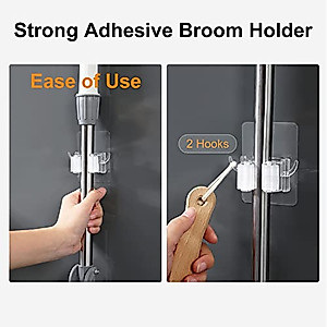 Broom Holder Wall Mount - 2 Pack Adhesive Mop and Broom Holder Wall Mount with Hooks Design, Broom Organizer Wall Mount, Broom Hanger and Mop Organizer Wall Hanging for Home, Kitchen, and Garage