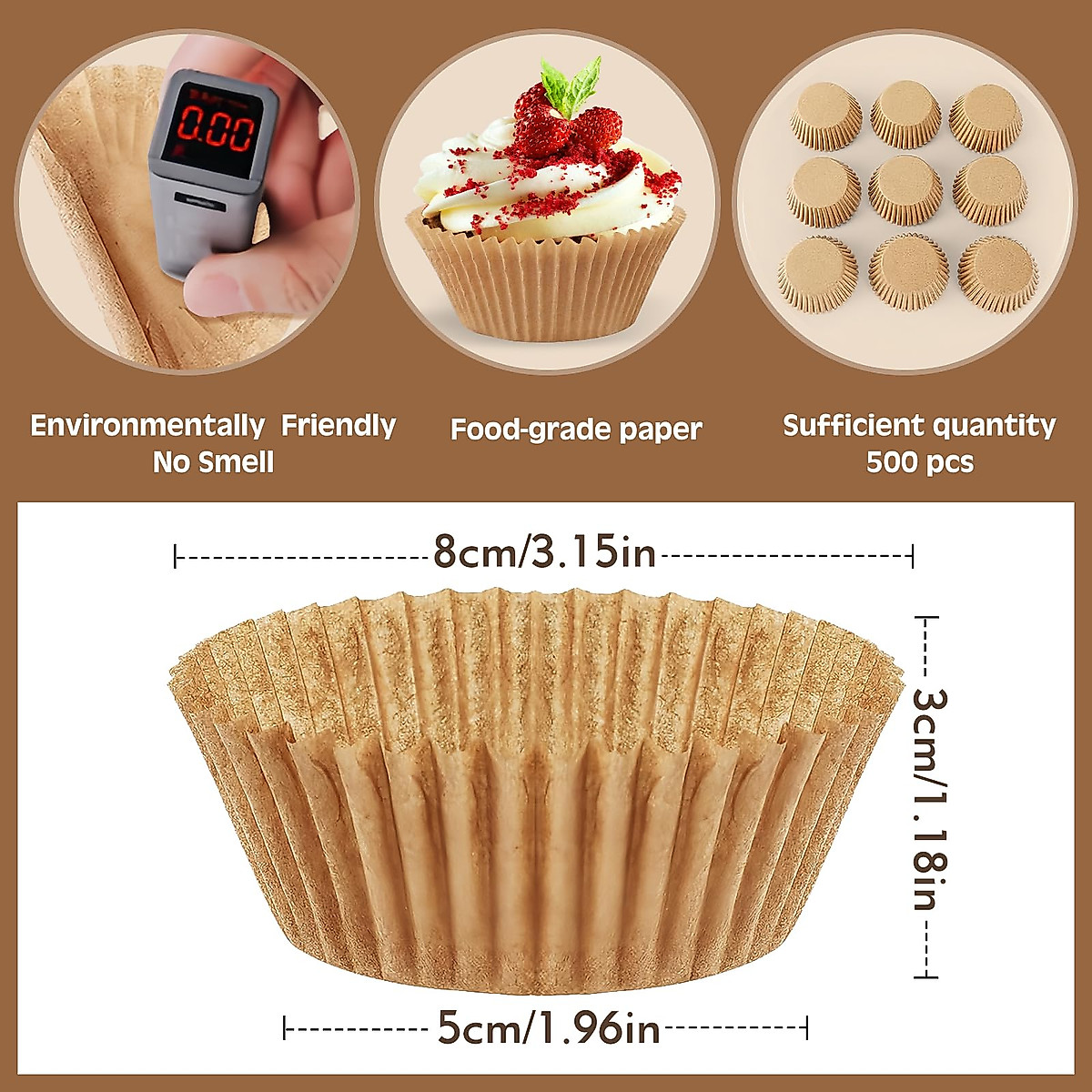 500pcs Standard Natural cupcake liners for baking,food grade cupcake wrappers,non-stick, greaseproof parchment muffin liners,by Bake Choice (500PCS Brown)
