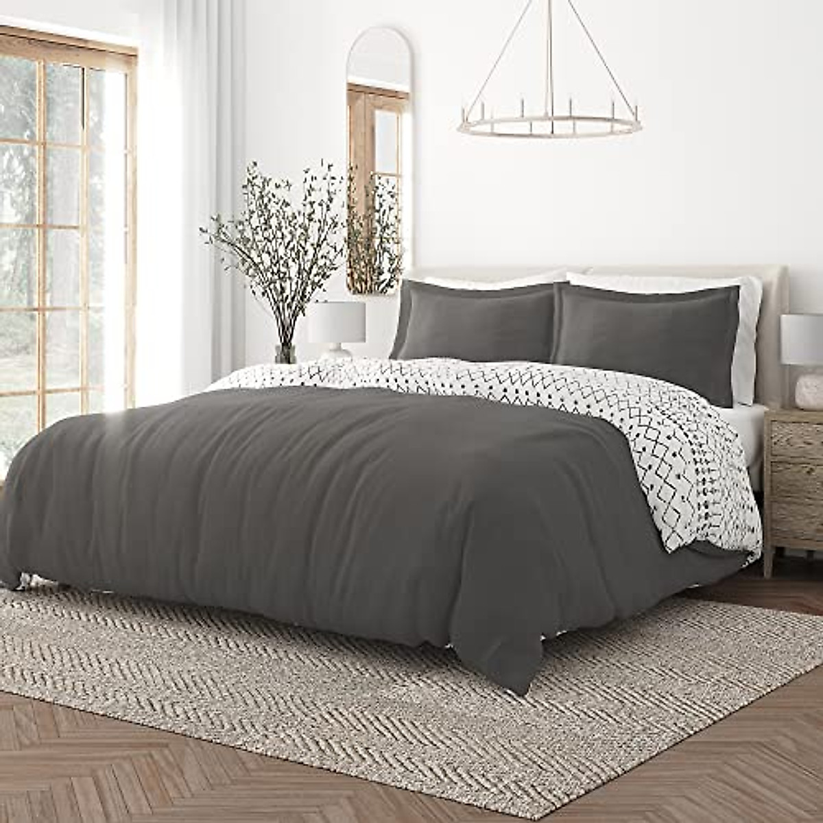 Merit Linens Pattern and Pinch Pleat Queen Duvet Cover Set | Soft, Light Weight, and Breathable 3 Piece Gray Duvet Set | Zipper Closure, Corner Ties, 2 Matching Shams
