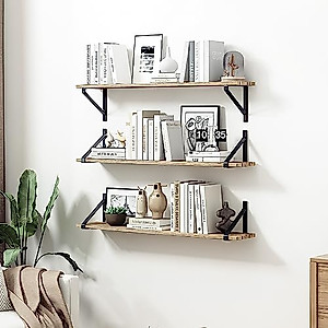 Fixwal Floating Shelves, 36 Inch Wall Bookshelf Set of 3, Large Floating Book Shelves for Wall Decor, Rustic Wood Wall Storage Shelves for Bedroom, Living Room, Kitchen, Bathroom (Carbonized Black)