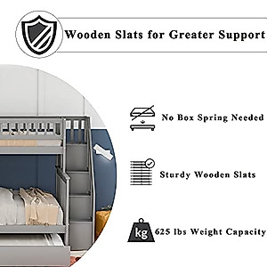 Baysitone Bunk Bed, Bunk Beds Twin Over Full Size, Bunk Bed with Trundle and Stairs, Solid Wood Bunk Bed Frame with 4 Storage for Kids, Girls, Boys, Toddler, No Box Spring Needed (Gray)