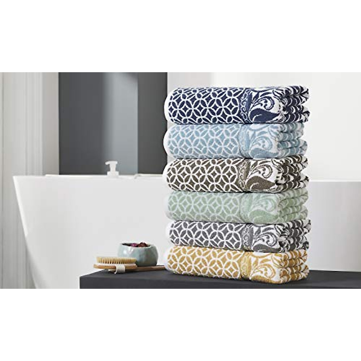Modern Threads Trefoil Filigree 6-Piece Reversible Yarn Dyed Jacquard Towel Set - Bath Towels, Hand Towels, & Washcloths - Super Absorbent & Quick Dry - 100% Combed Cotton