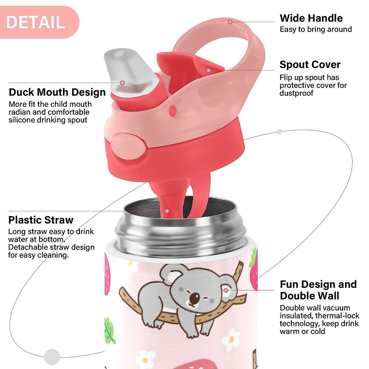 Kigai Koala Strawberry Kids Water Bottle, Insulated Stainless Steel Water Bottles with Straw Lid, 12 oz BPA-Free Leakproof Duck Mouth Thermos for Boys Girls
