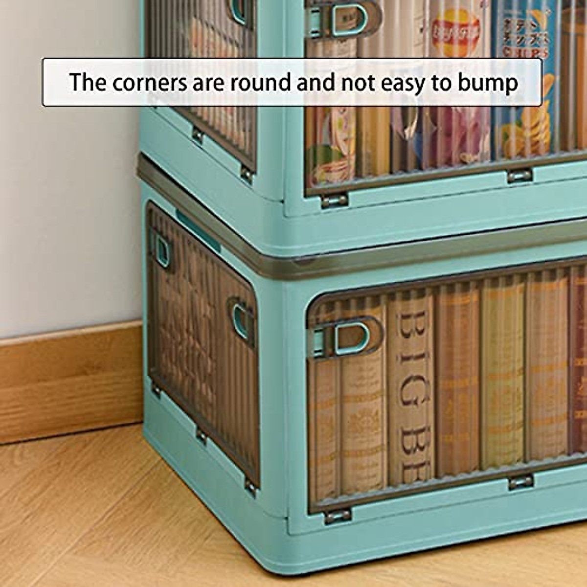 MAOWAPLG Folding Storage Box with Lid and Latches, 30 Qt Clear Stackable Storage Bins with Wheels, 5-Door Small Foldable Plastic Storage Boxes for Organizing Clothes Toy Books Grocery Quilt (1 Pack)