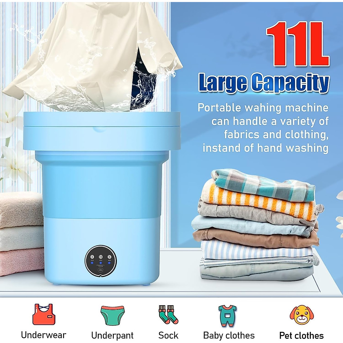Portable Washing Machine with 3 Intelligent Cleaning Modes, 11L Mini Washer with Foldable Design, Mini Folding Washing for Travel, Camping, Apartment, Dorm, Baby Clothes, Socks, Underwear