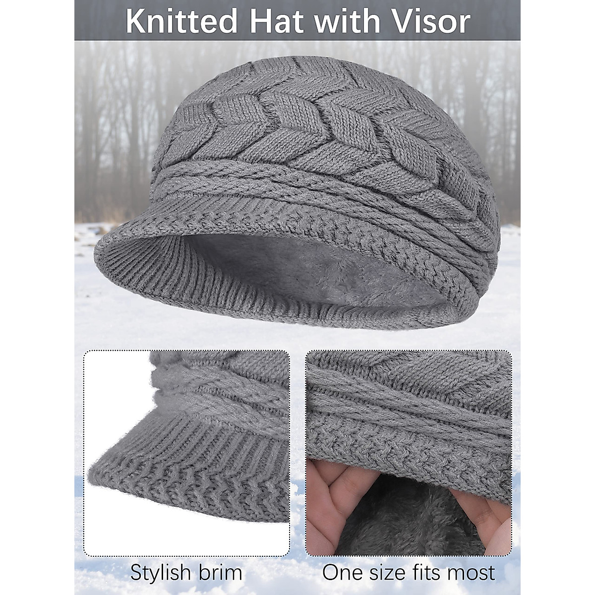 URATOT 3 Pieces Women Winter Hat Scarf Glove Set Warm Skull Beanie Hat with Visor Knitted Touch Screen Glove Scarf 3 In 1 Set