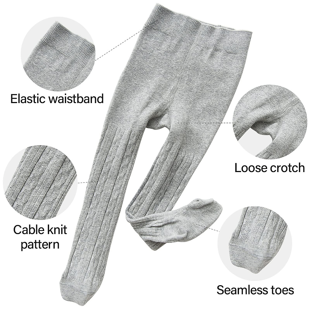 Looching 5 Pack Baby Toddler Girls Cute Cable Knit Cotton Tights Pantyhose Leggings Stocking Pants(4-6 Years, White,black,grey,dark grey,purple)