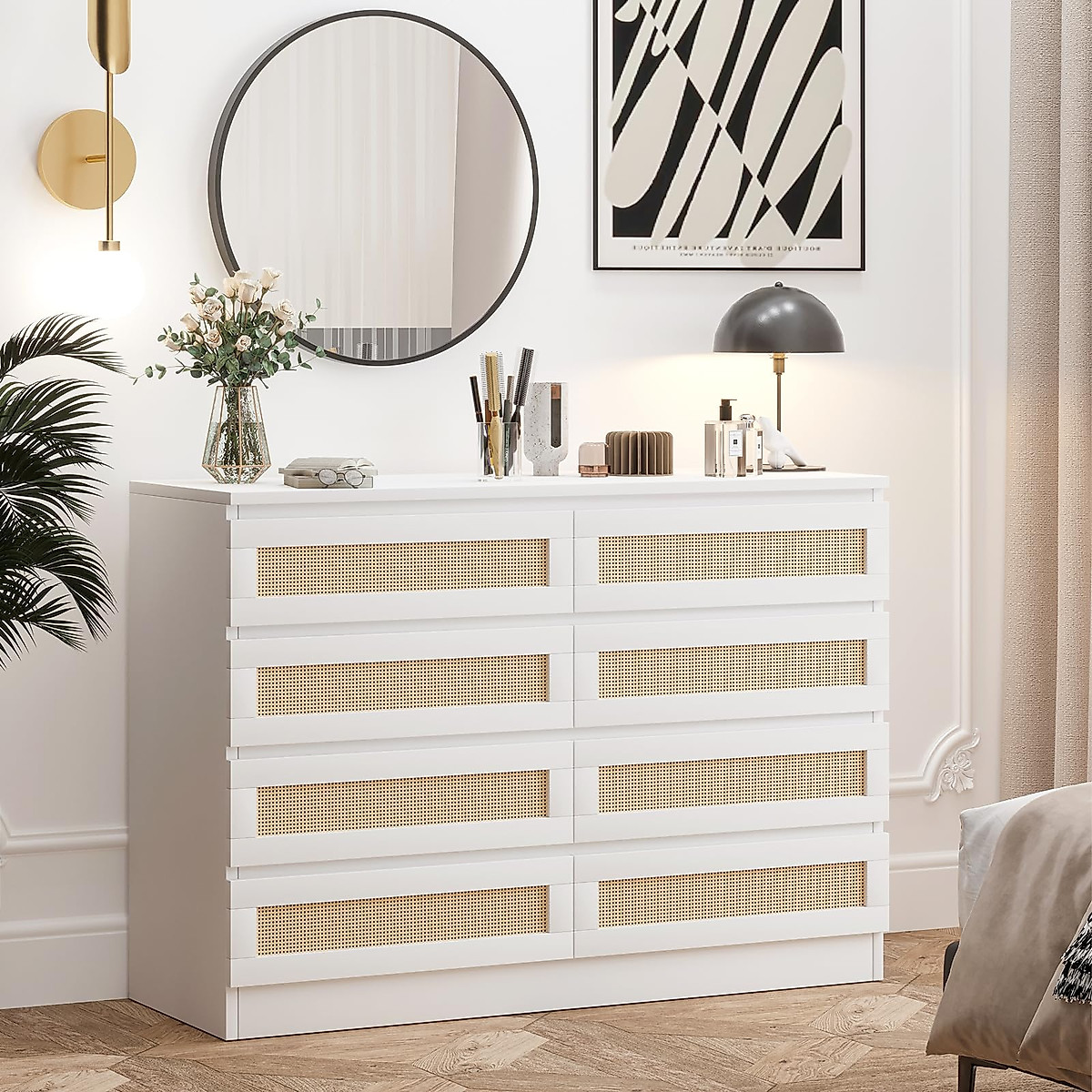 Patikuin 8 Drawer Double Dresser for Bedroom, Rattan Chest of Dressers, Modern Wooden Dresser Chest, Beside Table for Closet, Nursery, Living Room and Entryway, White