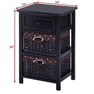 Giantex Wooden Nightstand 3 Tiers W/ 2 Baskets and 1 Drawer Bedside Sofa Storage Organizer for Home Living Room Bedroom End Table (1, Black)