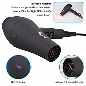 Ionic Infrared Blow Dryer - 1875W Professional Salon Dryer with Diffuser & Concentrator Attachments for Curly Hair, Black (XX-Large)