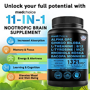 12-in-1 Nootropic Brain Supplement Anhydrous: Ginkgo Biloba for Brain Support, Memory and Focus - B12, Alpha GPC, L Theanine and Choline Supplements with Bioperine non Caffeinated 1321mg (120ct)