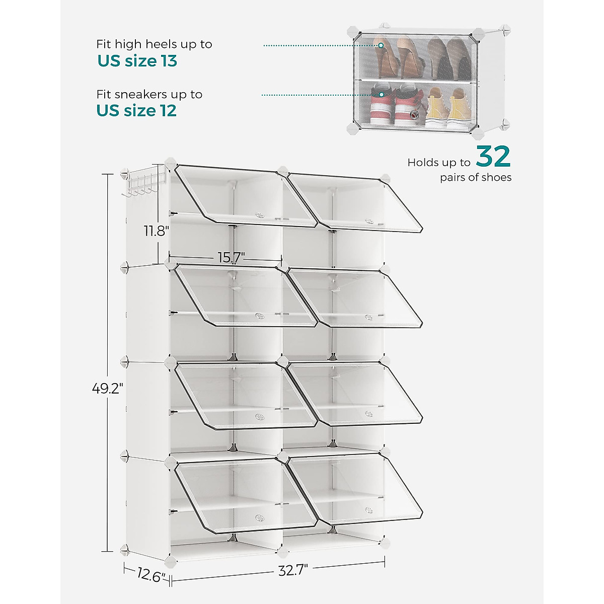 SONGMICS Shoe Rack, 8 Cubes Shoe Organizer with Doors, 32 Pair Plastic Shoe Storage Cabinet, for Bedroom, Entryway, Steel Frame, Plastic Panel, White ULPC034W01
