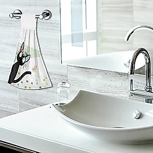 KOCOART Cute Black Cat Kitchen Towels Spring Summer Flower Bathroom Hand Towel Hanging Tie Towel with Loop 2PCS Soft Absorbent Dish Cloth Fingertip Towel for Oven Stove Handle Tabletop