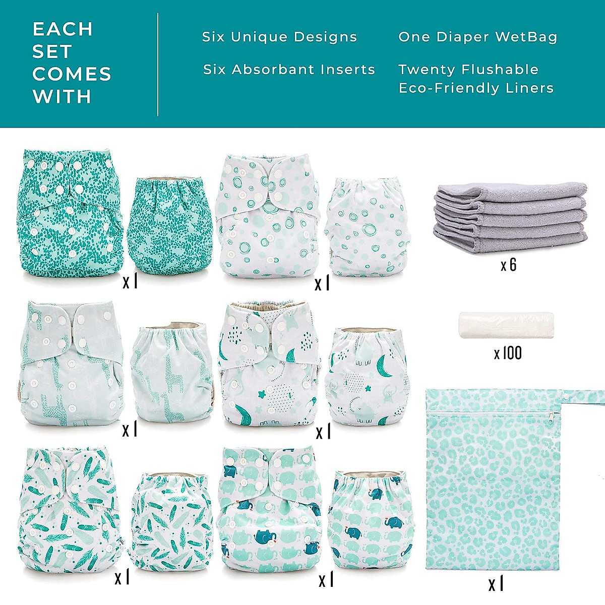Simple Being Reusable Cloth Diapers, One Size Adjustable, Washable Soft Absorbent, Waterproof Cover, Eco-Friendly Unisex Baby Girl Boy, six 4-Layers Microfiber Inserts (Planes/Trains)