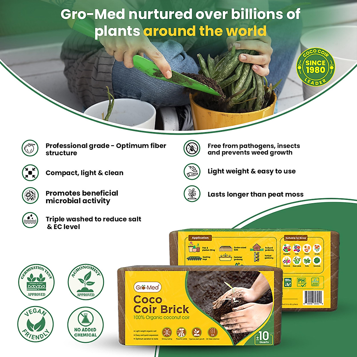 Gro-Med Organic Coconut Coir Brick Expands Upto 10 Quarts - Best for Gardening, Seed Starter, Potting Soil Mix - 1.4 lb Compressed Coir for Flowers, Herbs, Vegetables - OMRI Listed Low EC Balanced pH