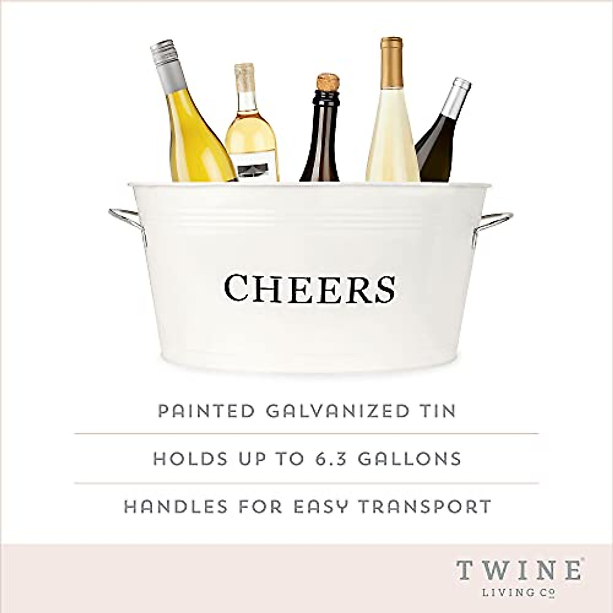 Twine Rustic Farmhouse Decor Ice Bucket & Galvanized Cheers Beverage Tub for Parties, 6.3 Gallons, Cream