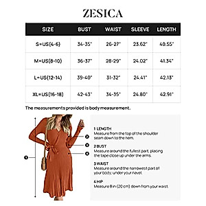 ZESICA Women's 2023 Fall Long Sleeve Wrap V Neck Ribbed Knit Pleated A Line Pullover Sweater Dress with Belt,Rust,Large