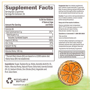 Burt's Bees Kids Immune Support Gummies: Vitamin C and Zinc, Natural Manuka Honey, Orange Flavor, 50 Count