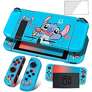 oqpa for Nintendo Switch Case Cute Kawaii Cartoon Design Cover, Fun Funny Switch Game Shell for Girls Kids Screen Protector Glass + TPU Soft Cases for Nintendo Switch (Blue Stitc)