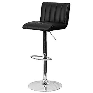 Contemporary Bar Stool Vertical Line Design Hydraulic Adjustable Height 360-Degree Swivel Seat Sturdy Steel Frame Chrome Base Dining Chair Bar Pub Stool Home Office Furniture - Set of 2 Black #1983