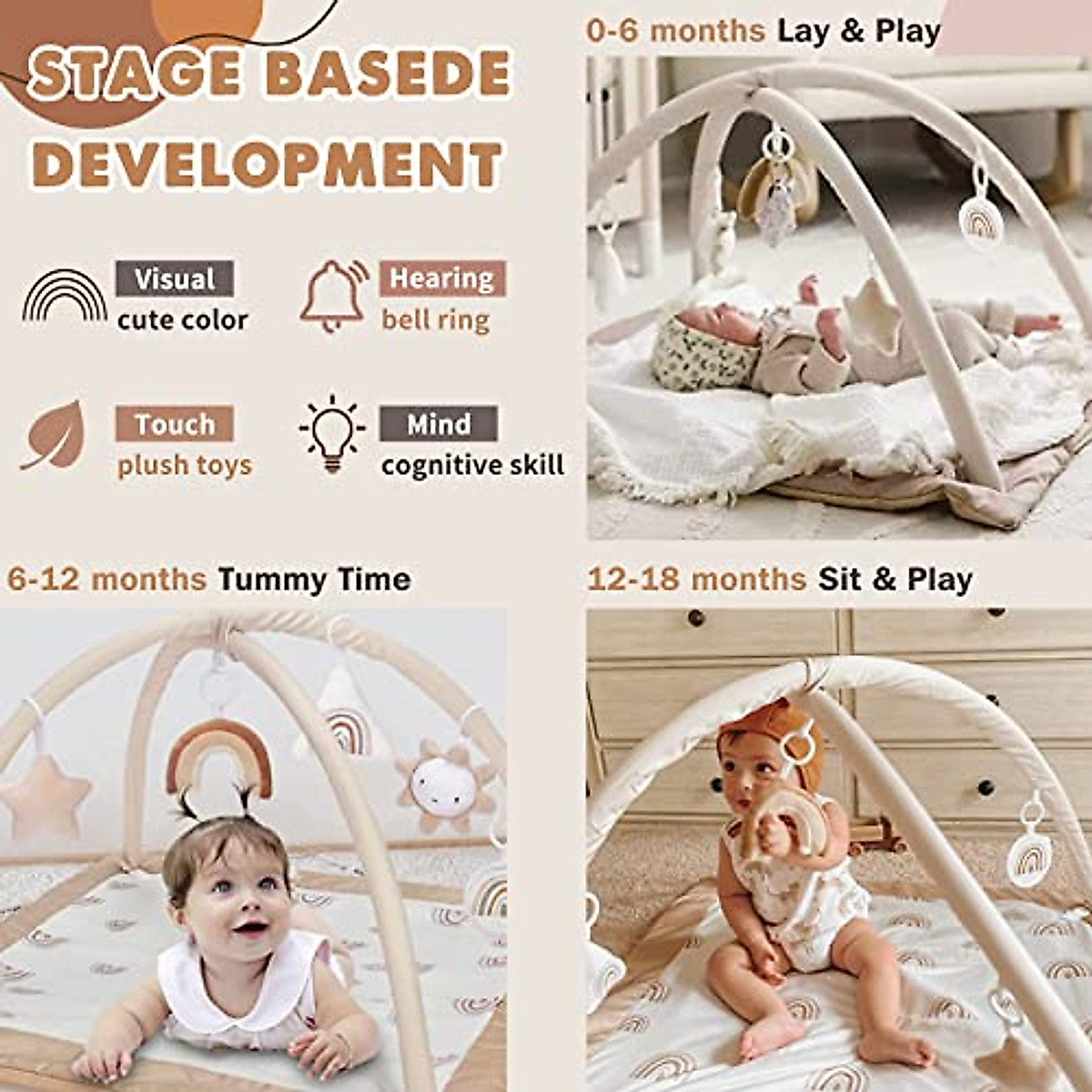 Washable Baby Gym Activity Center with Play Mat, Rainbow Early Development Playmats, 6 Toys for Infant & Toddler, Larger, Non Slip